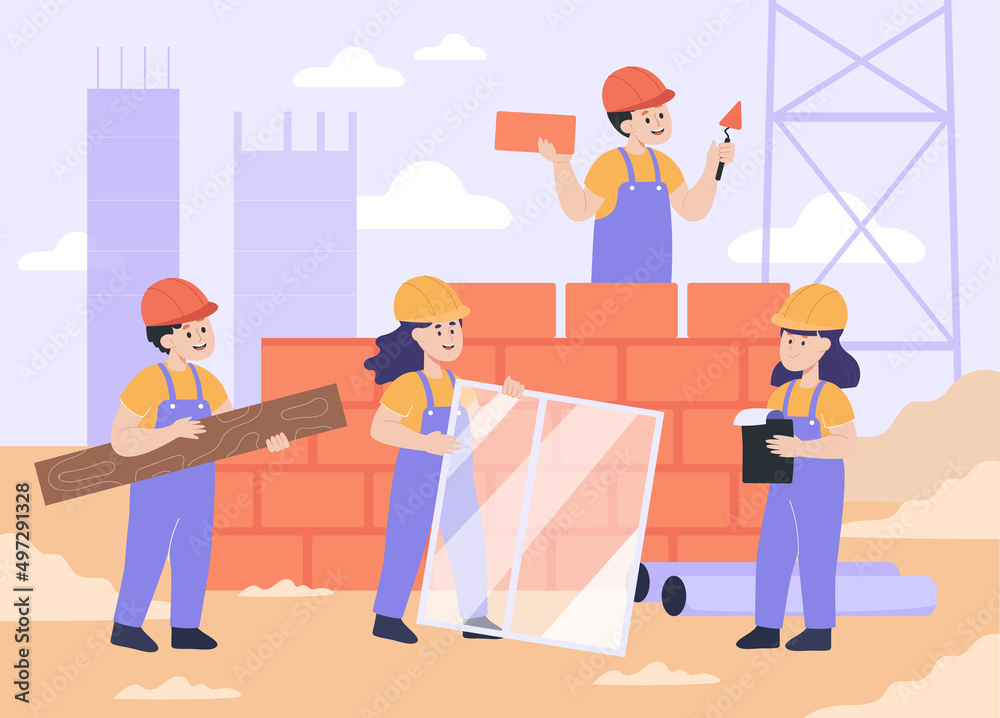 Children as construction workers building wall of bricks. Kids in ...