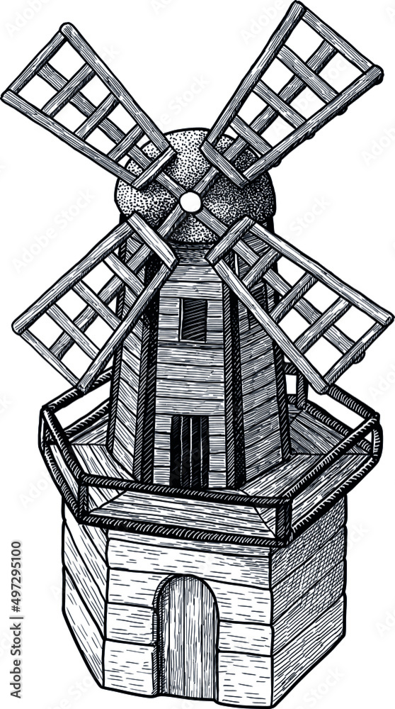 Small windmill illustration, drawing, engraving, ink, line art, vector ...