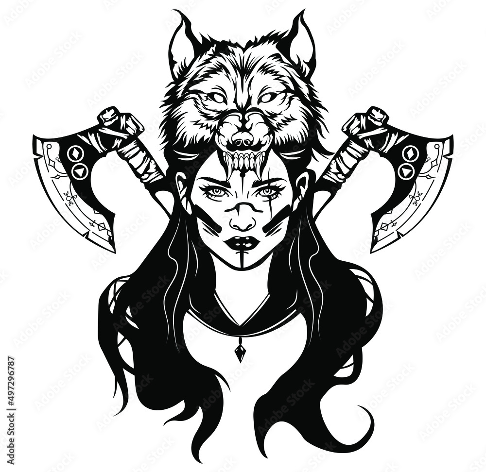 Viking Design. Valkyrie in a wolf helmet. Image of Valkyrie, a woman ...