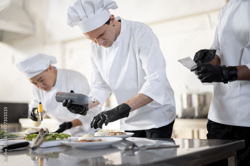 Multiracial group of cooks finishing main courses while working ...