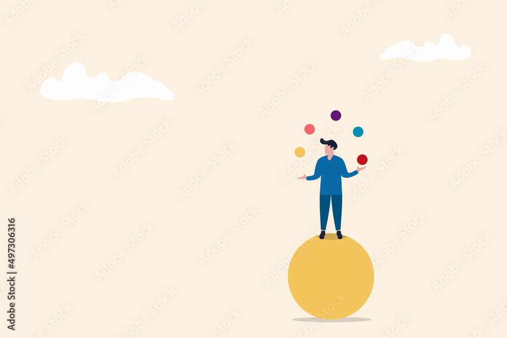 Man juggles the balls while he is balacing on a big ball. Multitasking concept, busy with ...