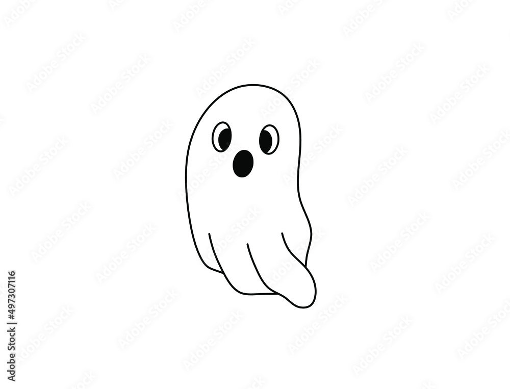 Vector isolated cute cartoon flying ghost under the sheet line simple ...