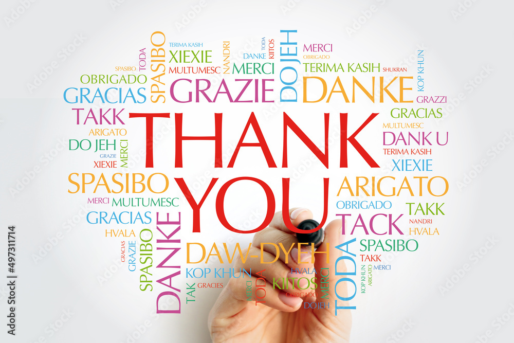 Thank You word cloud with marker in different languages, concept ...