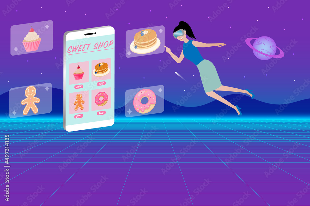 Metaverse In Sweet Food Shop Virtual Reality Environment Woman Wear VR metaverse-in-sweet-food-shop-virtual-reality-environment-woman-wear-vr