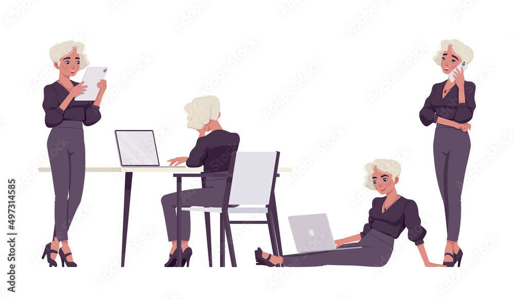 Office worker set, young businesswoman, female employee working with ...