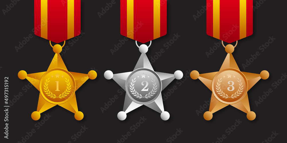 Gold star medal with red ribbon set in gold, silver and bronze with red ...