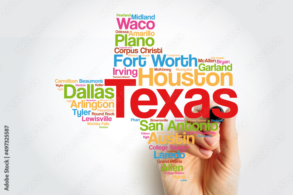 List of cities in Texas USA state word cloud map with marker, concept ...
