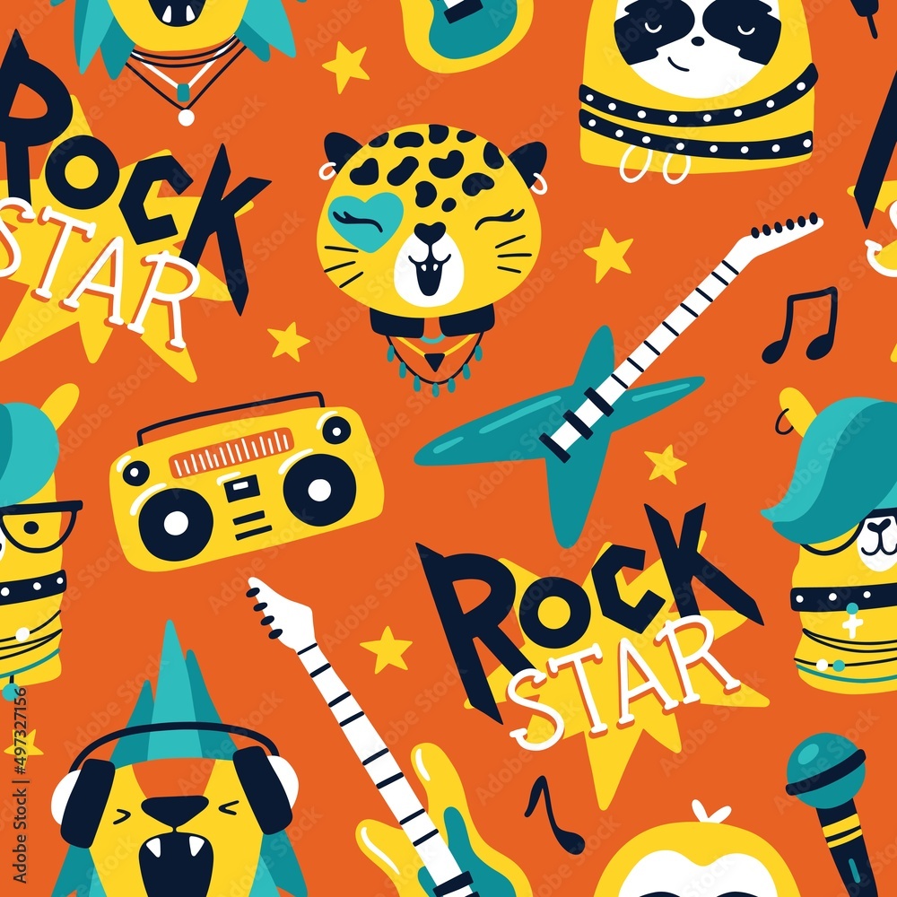 Cute animal rock star seamless pattern with lettering. Hand drawn ...