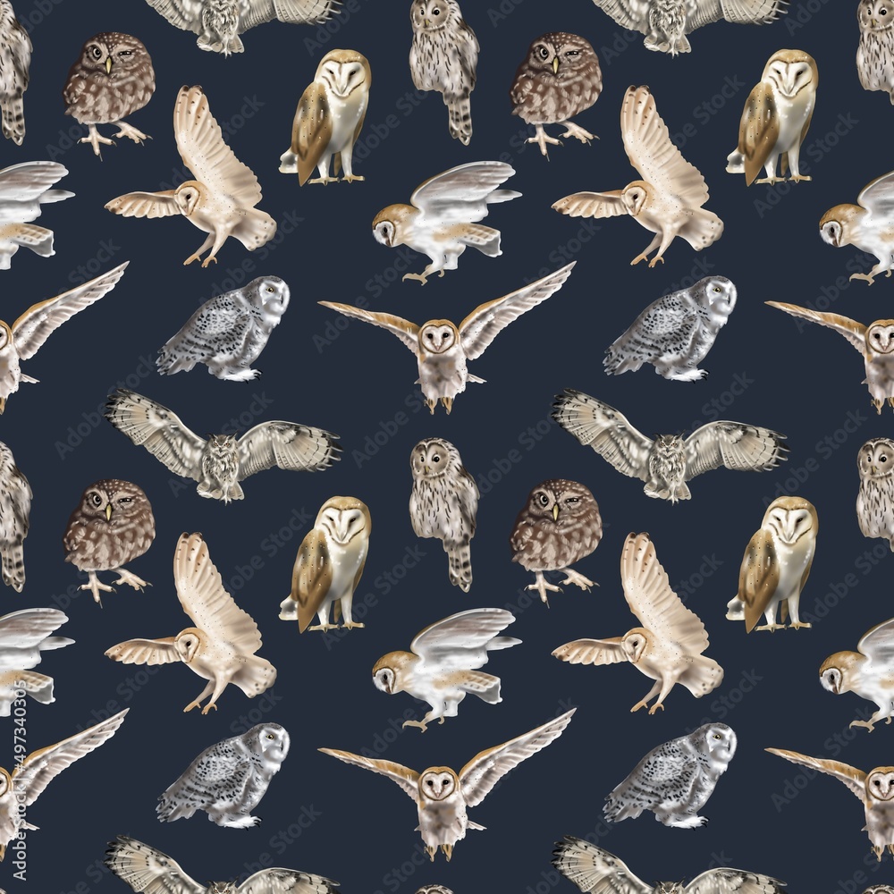 Watercolor Seamless pattern flying owl barn owl. A realistic ...