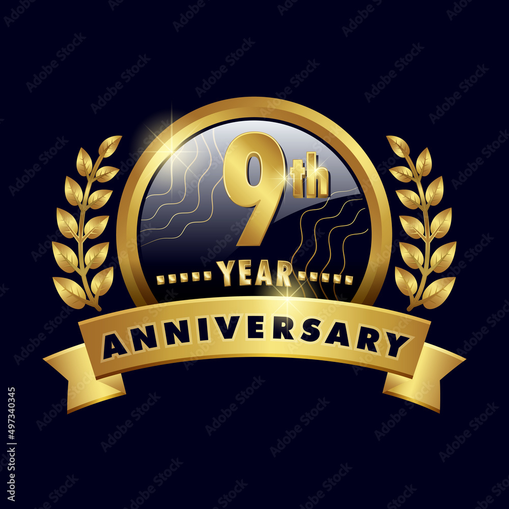 9th anniversary golden logo ninth Year Badge with number nine ribbon ...