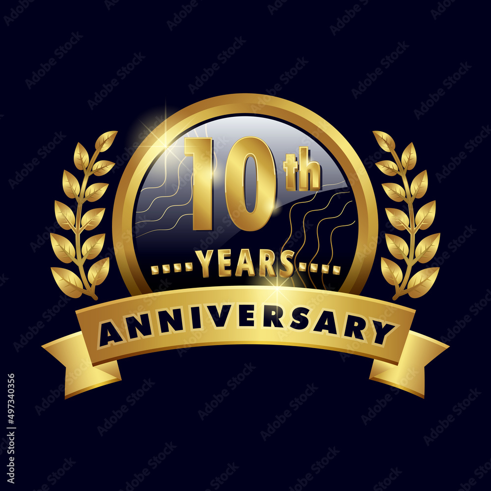 10th anniversary golden logo Tenth Year Badge with number tenth ribbon ...