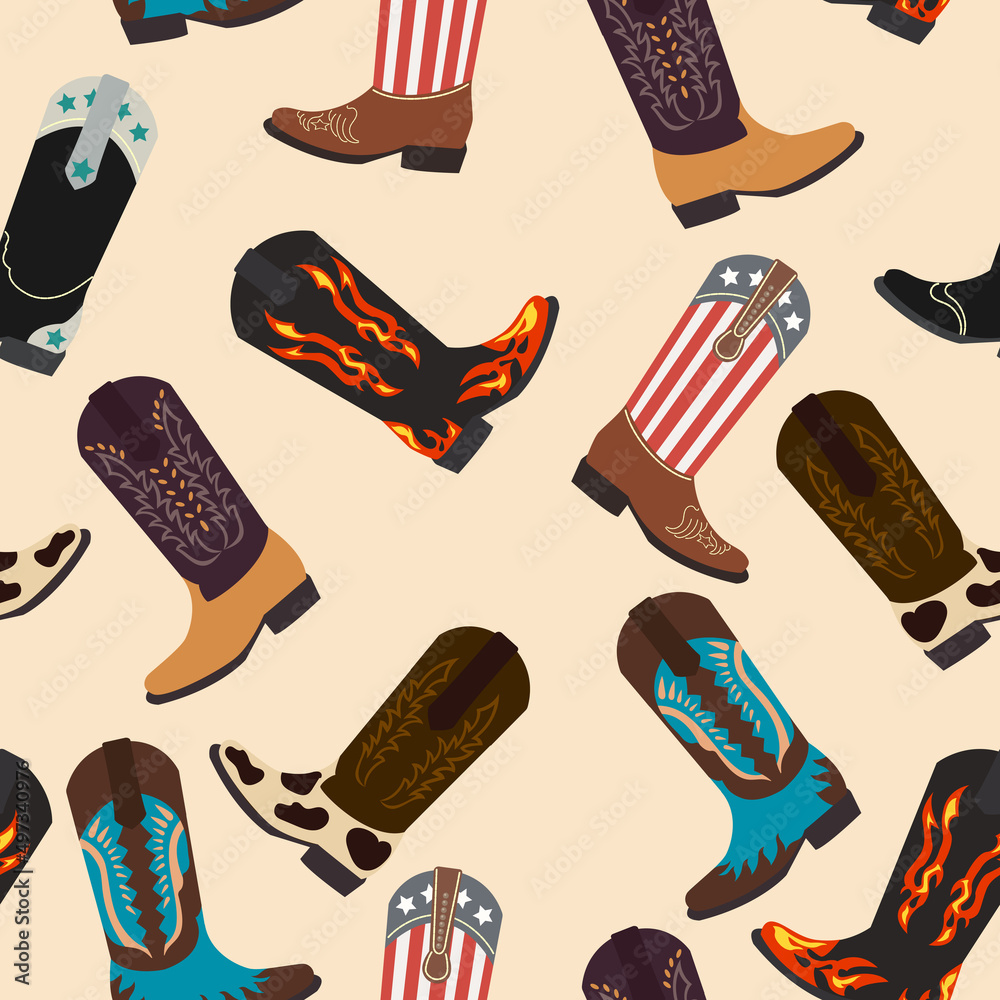 Seamless Pattern of Various cowboy boots. Different ornaments. Wild ...