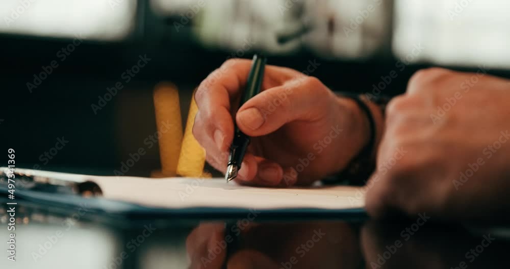 Chef working in fine dining restaurant. Writing down the recipes. Close ...