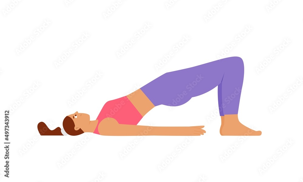 Woman practicing yoga, Setu Bandha Sarvangasana, Bridge Pose. Flat ...
