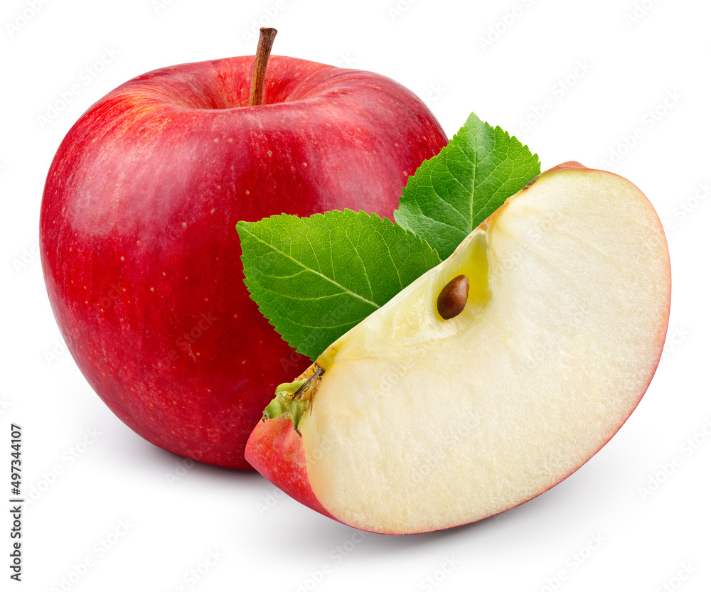 Red apple with a slice isolated. Whole and cut apple with green leaf on ...