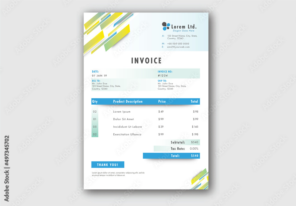 Invoice Form Layout in White and Blue Color Stock Template | Adobe Stock