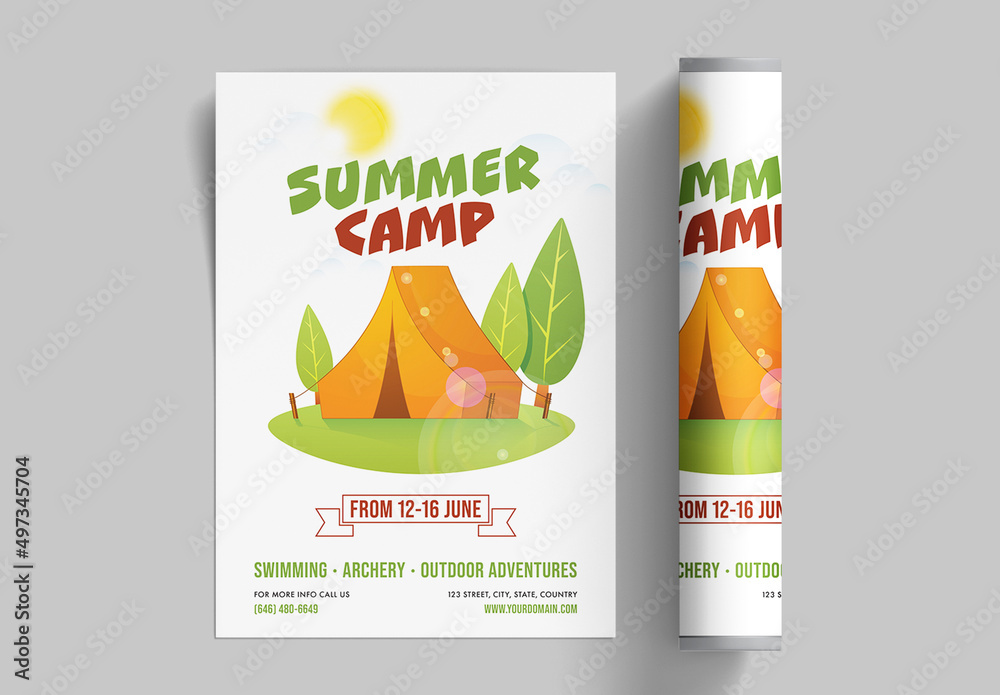 Summer Camp Flyer or Brochure Layout with Sunshine and Tent Stock ...