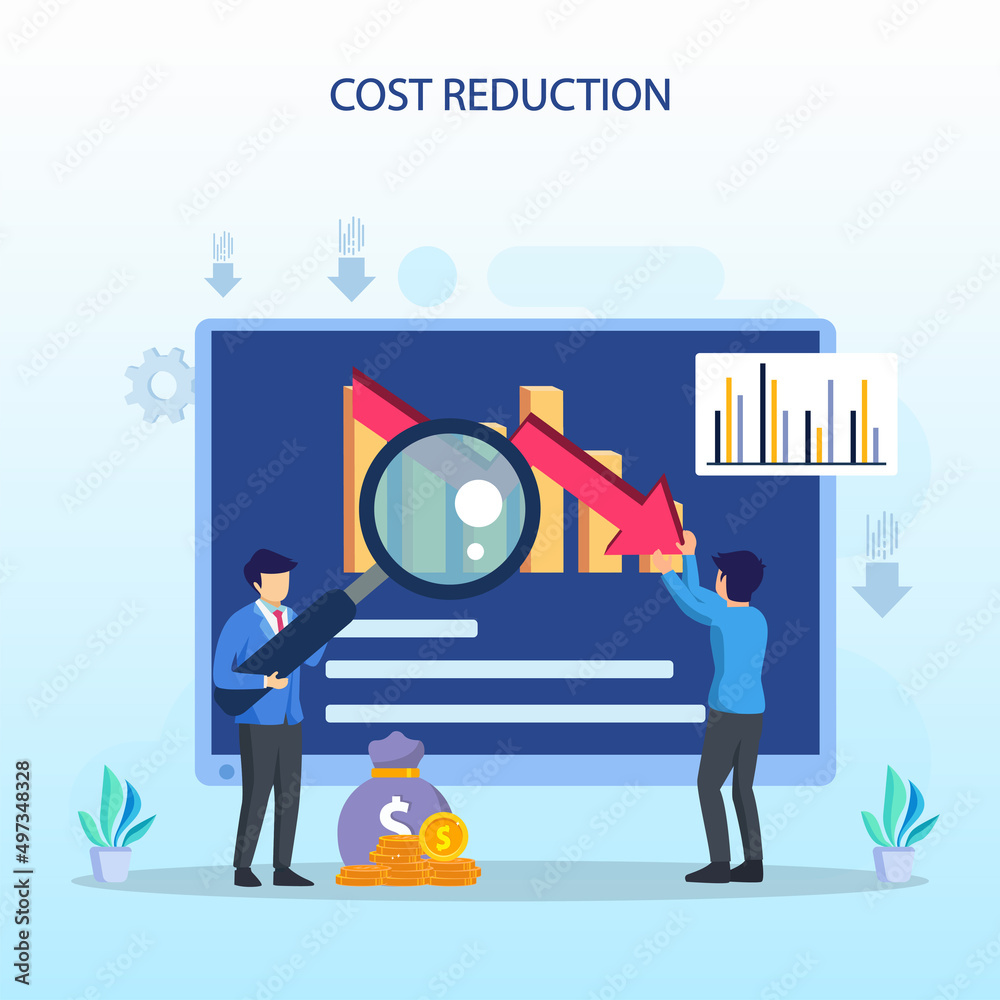 Cost reduction illustration concept with tiny people. Sales decline ...
