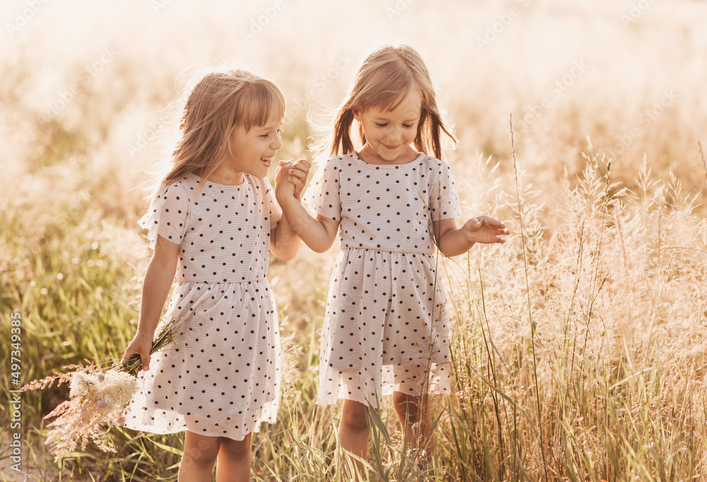 Two little happy identical twin girls playing together in nature in ...