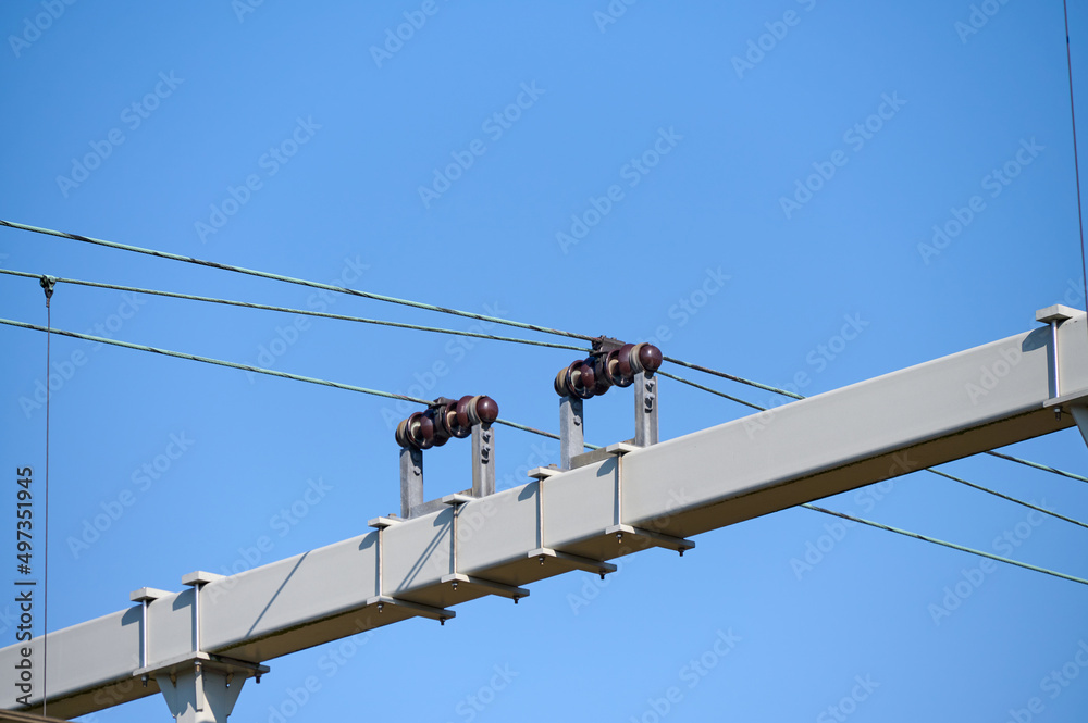 Catenary portal with insulation with wires Stock Photo | Adobe Stock