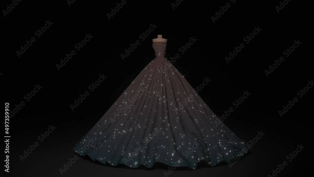 Amazing puffy ball gown turns around on black background 4K. 3d ...