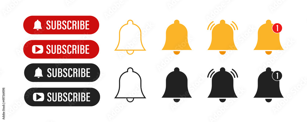 Subscribe button and notification bells. Set of subscribe buttons with ...