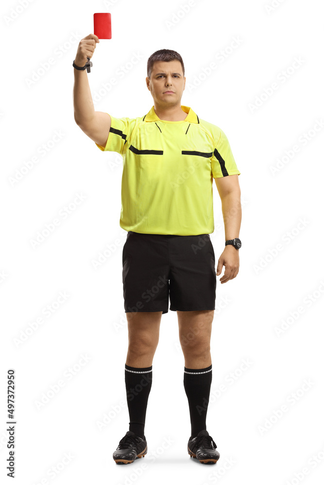 Full length portrait of a football referee giving a red card Stock ...