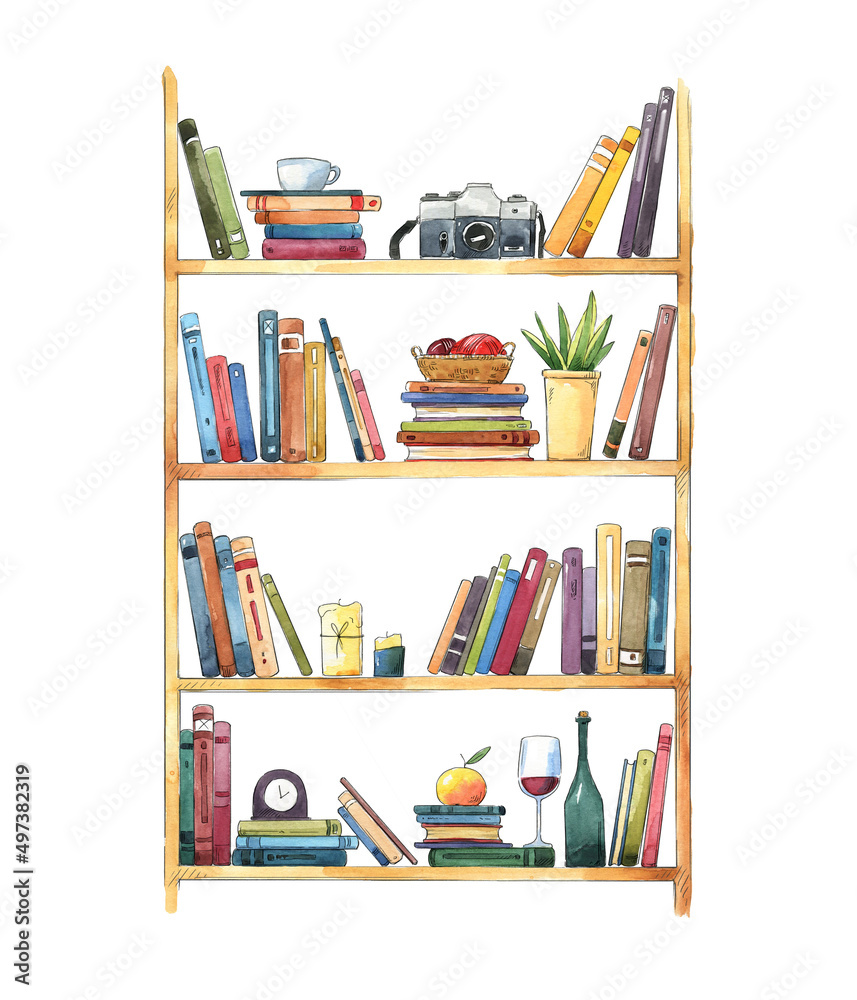 bookcase, multi bookshelf with books and objects watercolor ...