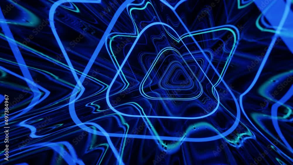 Vidéo Stock triangular blue tunnel. Fly through mirror tunnel with neon pattern, glow lines form ...