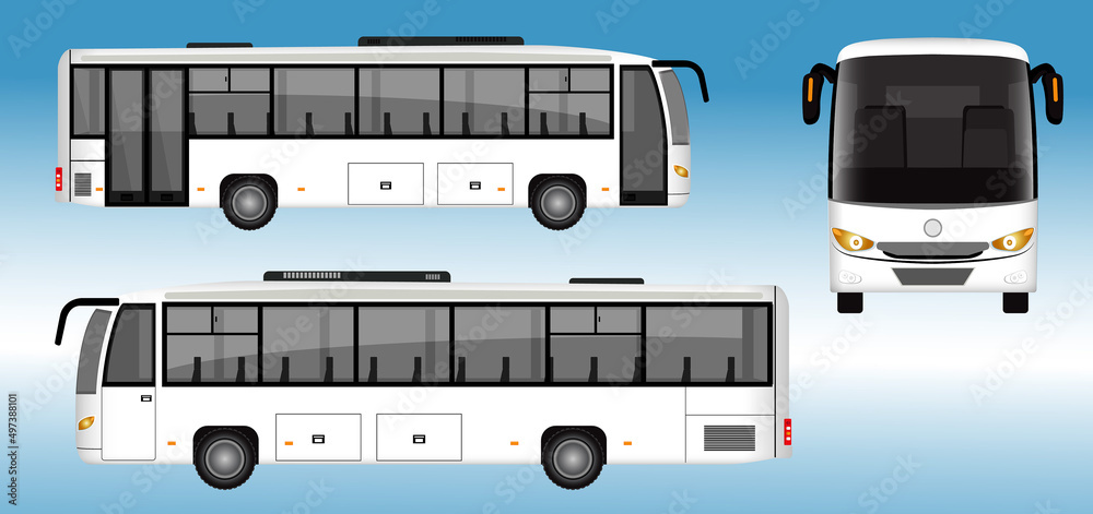 set of realistic passangers bus or travel bus side view and front back ...