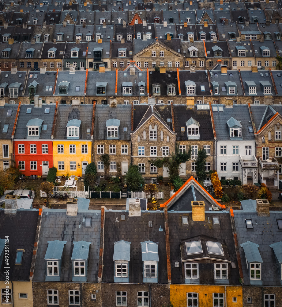 rooftops of Kartoffelraekkerne neighborhood, in Oesterbro, Copenhagen ...