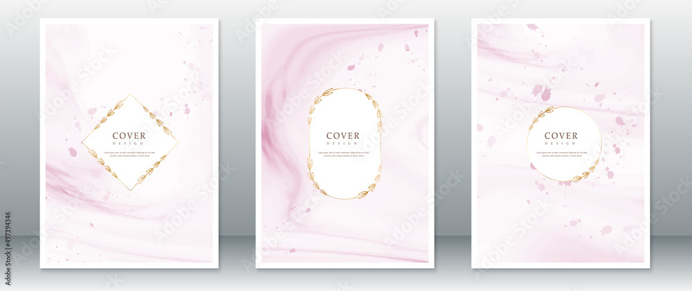 Set of cover page design with watercolor pink background and wreath ...