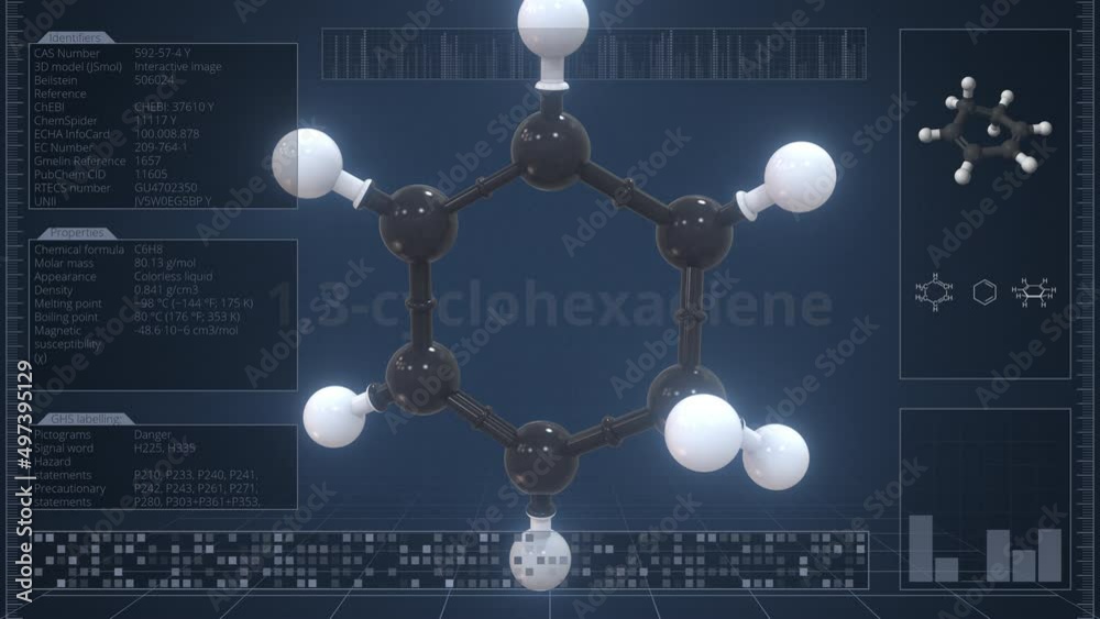 Molecule of 1,3-cyclohexadiene with infographics on the computer ...