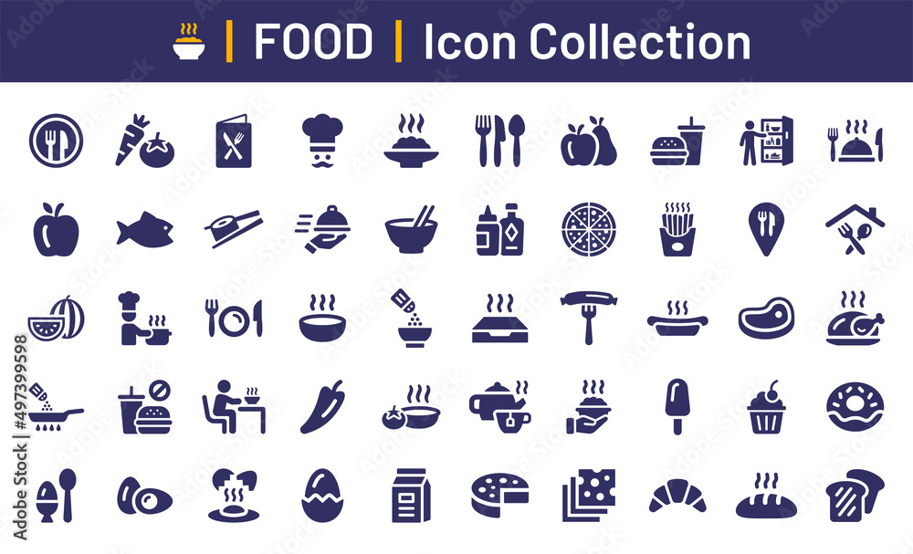 Food icon collection. Meat, milk, noodle, soup, bread, egg, cake ...