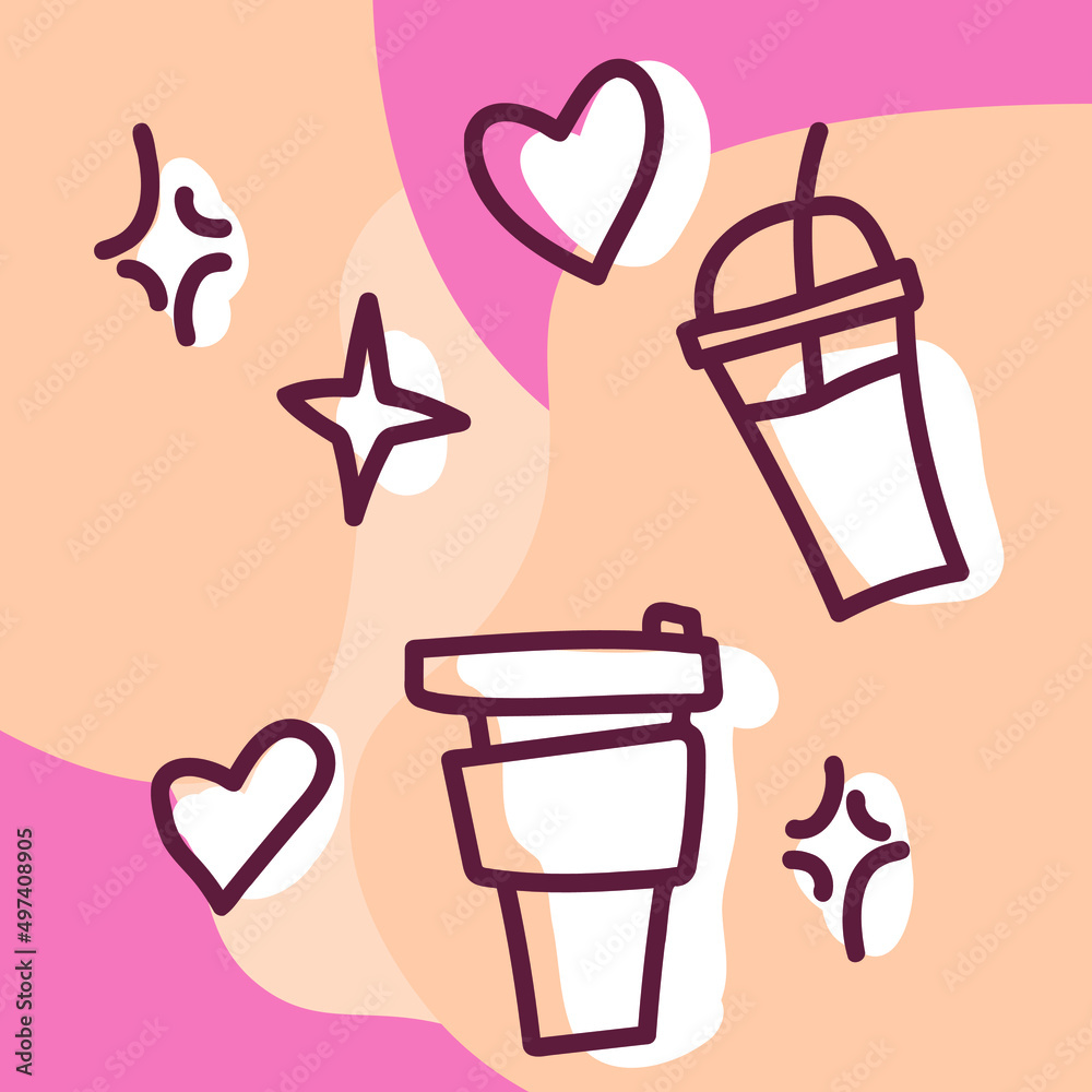 Cute illustration doodle hand drawn coffe cup and cocktail on the pink ...