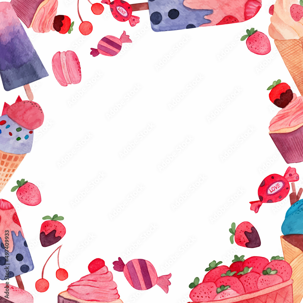 Ice cream frame for decoration. Watercolor ice cream, dessert and ...
