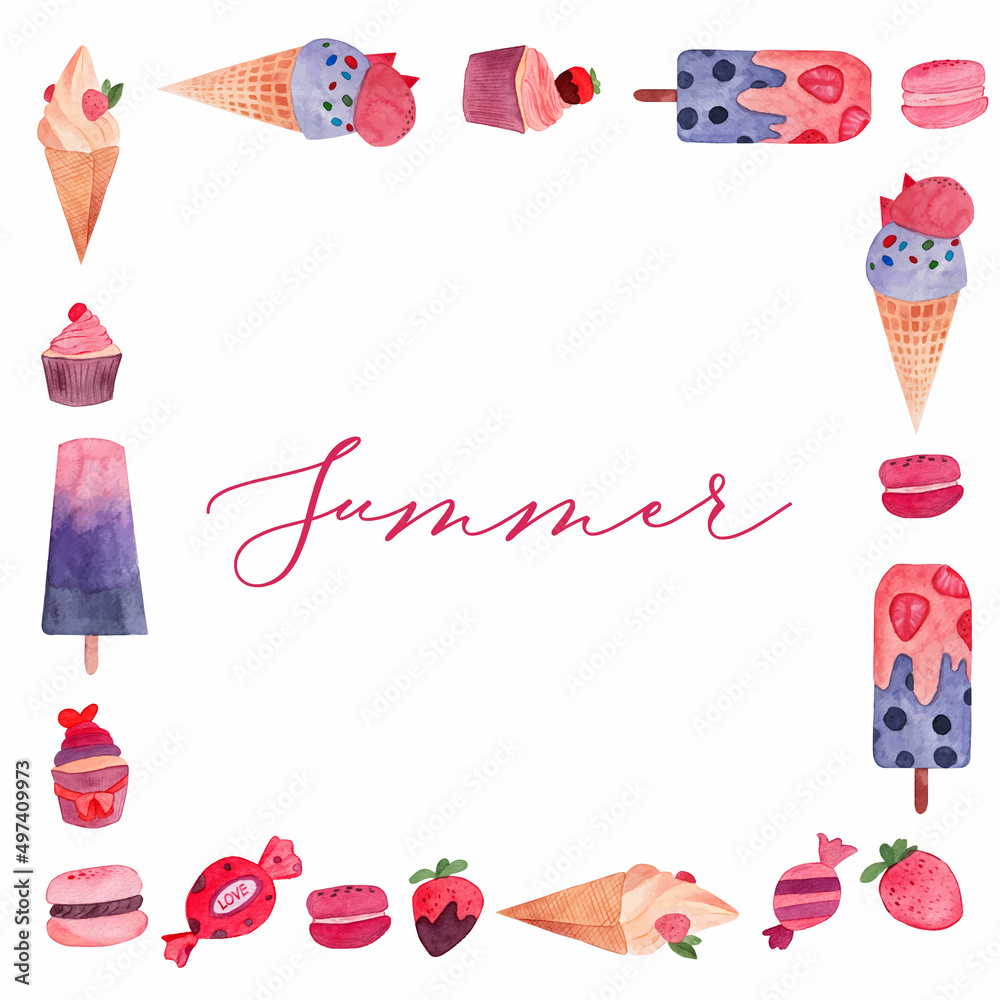 Desserts, ice cream, strawberries card. Sweet food watercolor ...