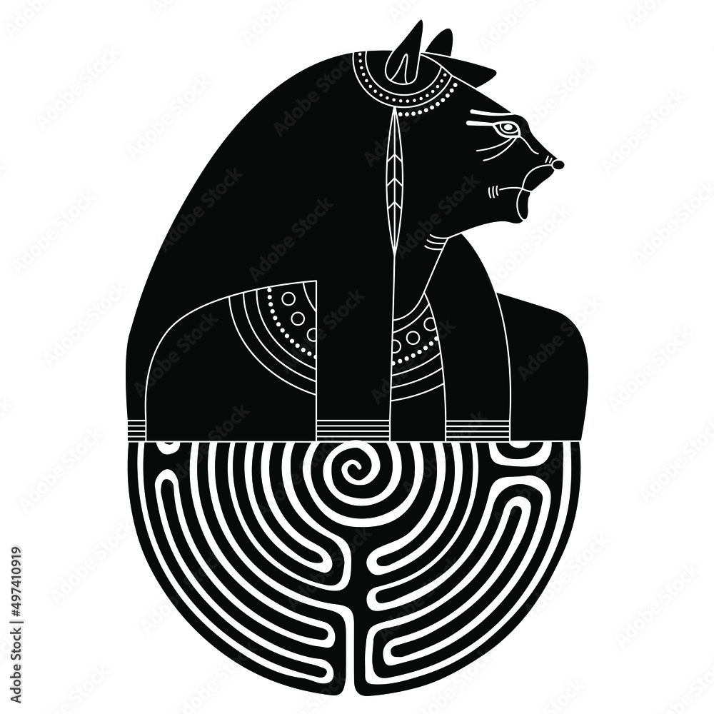 Bust of goddess Tefnut and round spiral maze or labyrinth symbol ...