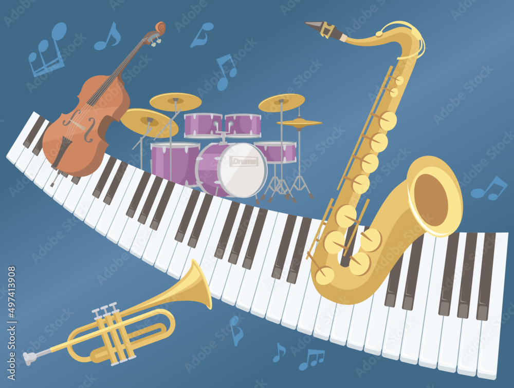 Musical instruments playing music on midnight blue background ...
