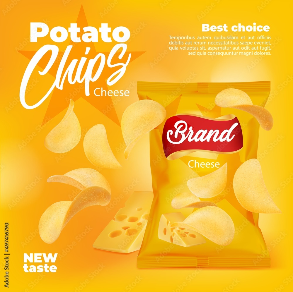 Realistic cheese flavored potato chips on snacks food package, vector ...