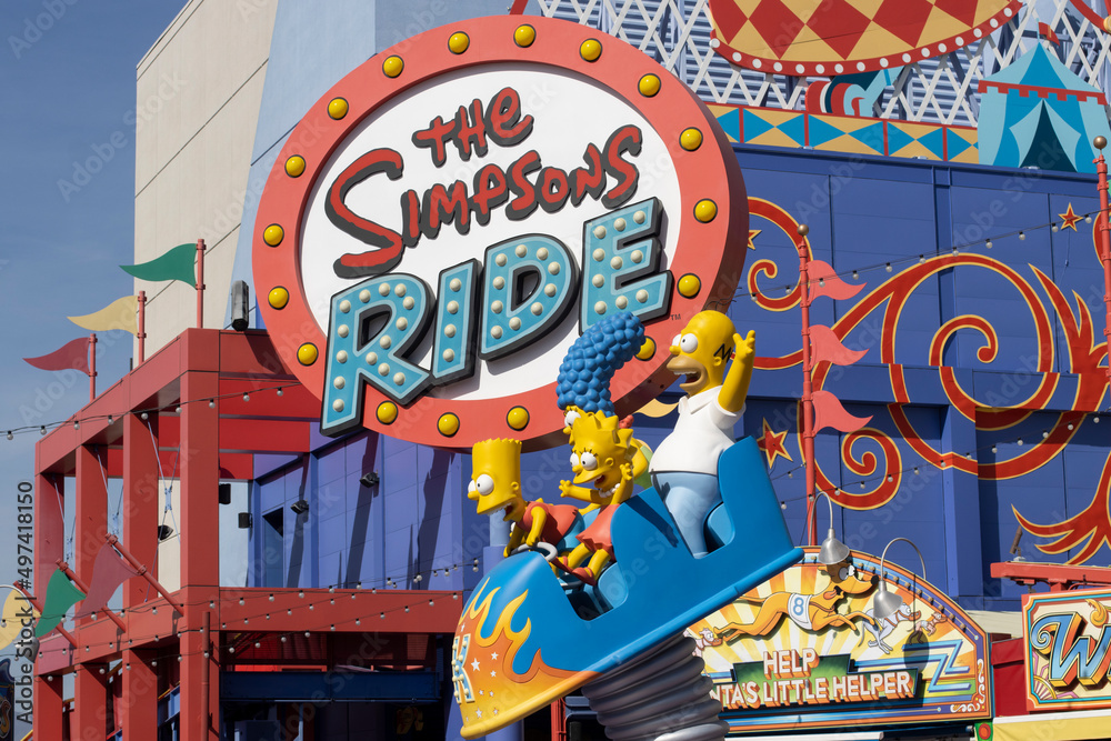 Universal City, CA, USA - Mar 21, 2022: The Simpsons Ride sign is seen ...