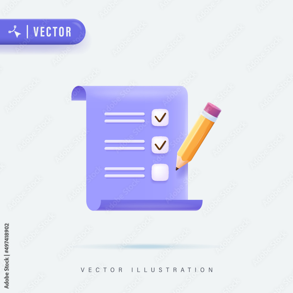 3D Realistic Checklist on Clipboard Paper and Pencil Vector ...