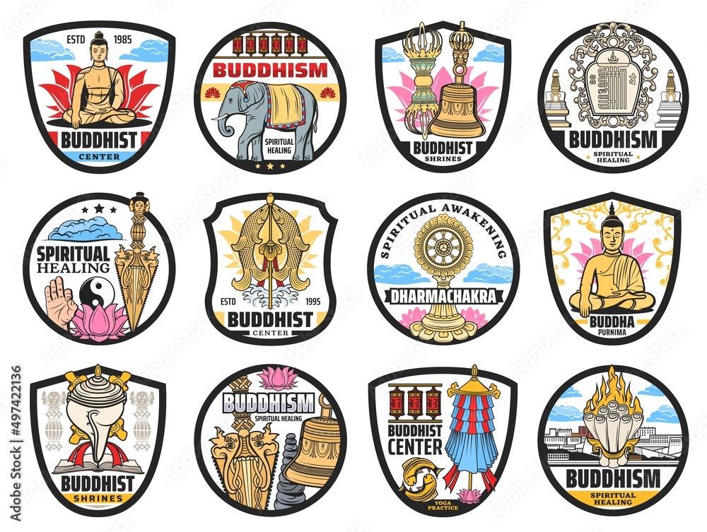 Buddhism religious icons, sacral symbols and spiritual center emblems ...