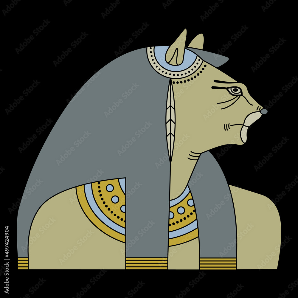 Bust of goddess Tefnut. Ancient Egyptian mythology. Woman with lioness ...