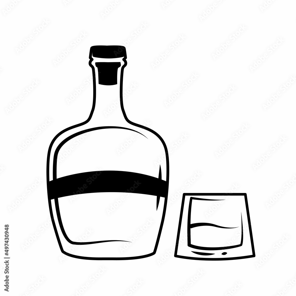 Single element of Bottle of rum with glass. Vector hand drawn ...