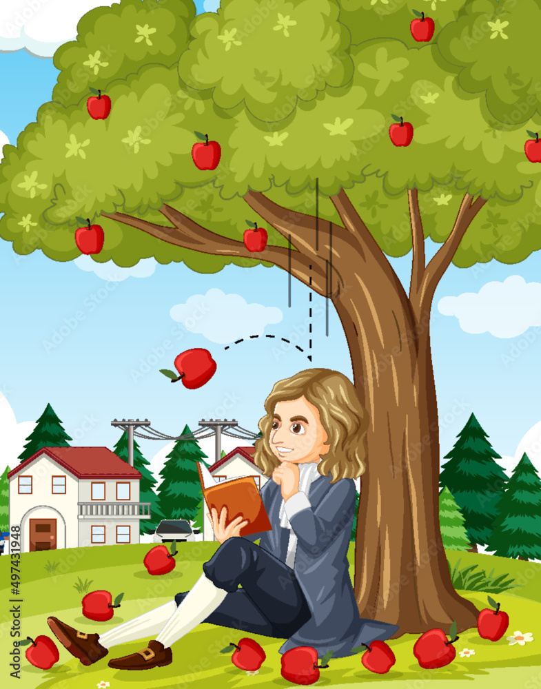 Isaac Newton sitting under apple tree Stock Vector | Adobe Stock