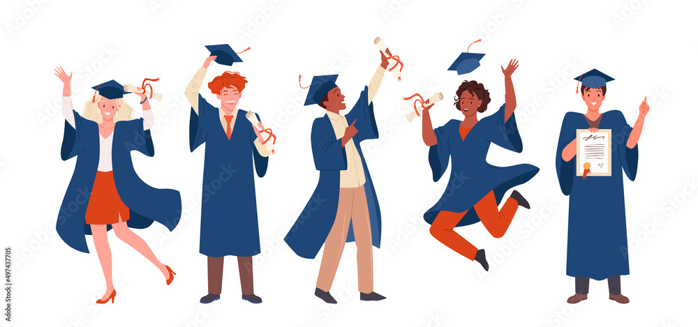Set of graduate happy excited students. School graduation ceremony ...