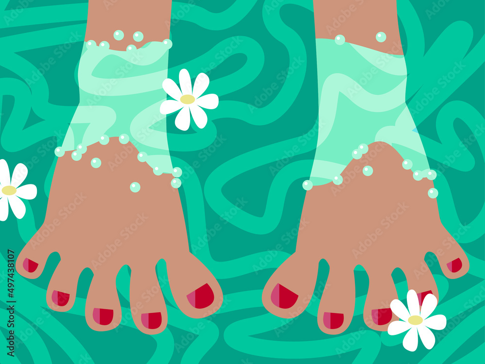 Vector illustration - two women's feet are standing in a foot bath with ...