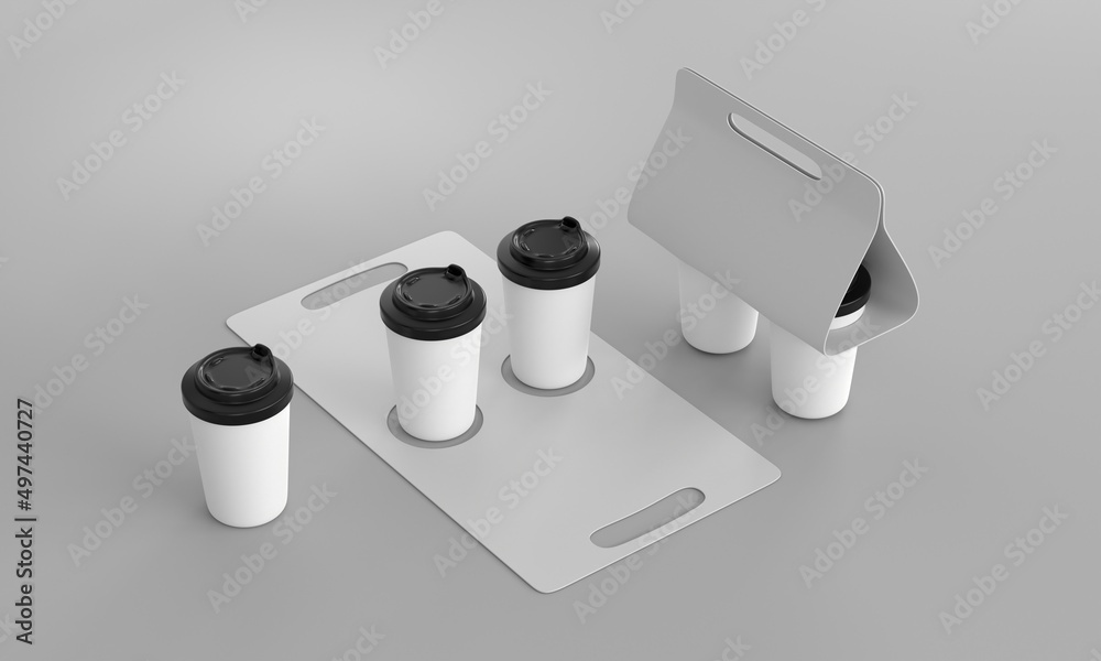 3D Coffee cups in white paper holders. Folding cardboard packaging for ...