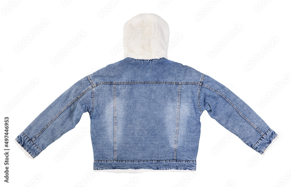 Beautiful women's blue denim jacket with white fur lining isolated on ...
